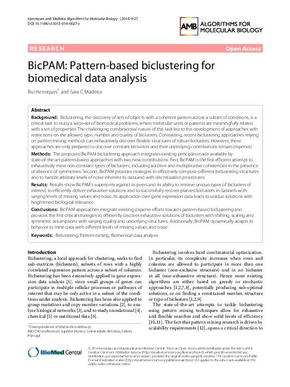 (PDF) BicPAM: Pattern-based biclustering for biomedical data analysis