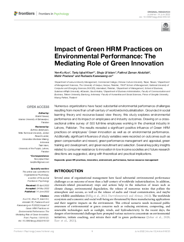 (PDF) Impact of Green HRM Practices on Environmental Performance: The Mediating Role of Green ...