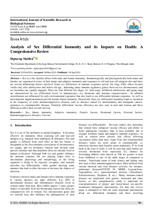 Pdf Analysis Of Sex Differential Immunity And Its Impacts On Health A Comprehensive Review