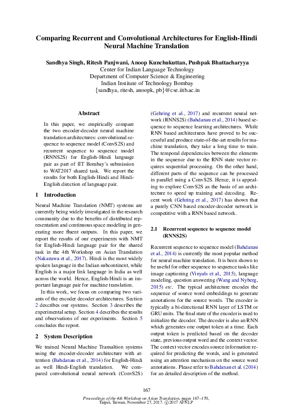 (PDF) Comparing ConvS2S and RNNS2S for English-Hindi Translation