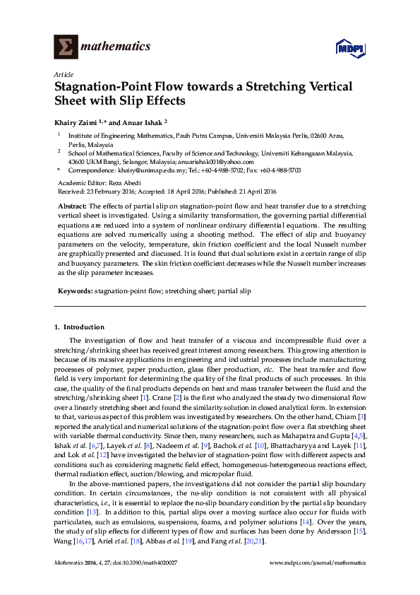(PDF) Stagnation-Point Flow towards a Stretching Vertical Sheet with ...