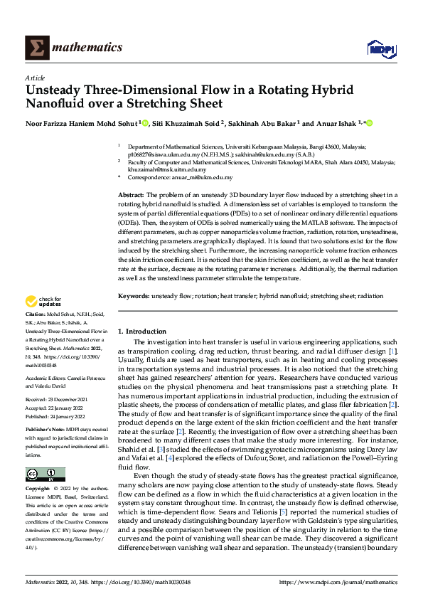 (PDF) Unsteady Three-Dimensional Flow in a Rotating Hybrid Nanofluid over a Stretching Sheet
