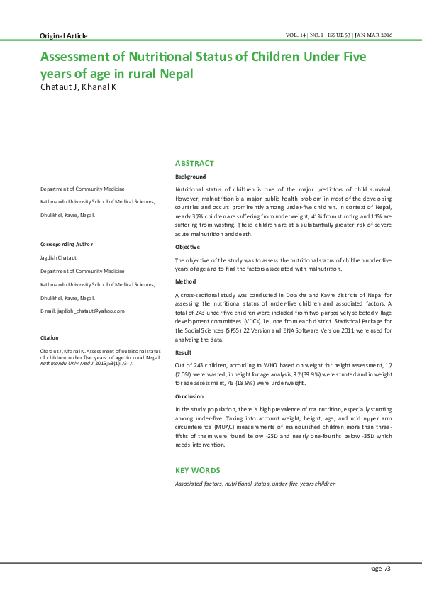 (PDF) Assessment of Nutritional Status of Children Under Five years of ...