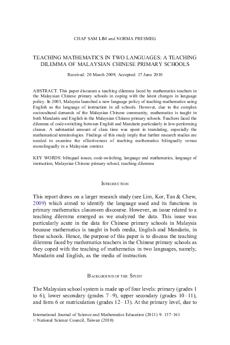 (PDF) Teaching Mathematics in Two Languages: A Teaching Dilemma of ...