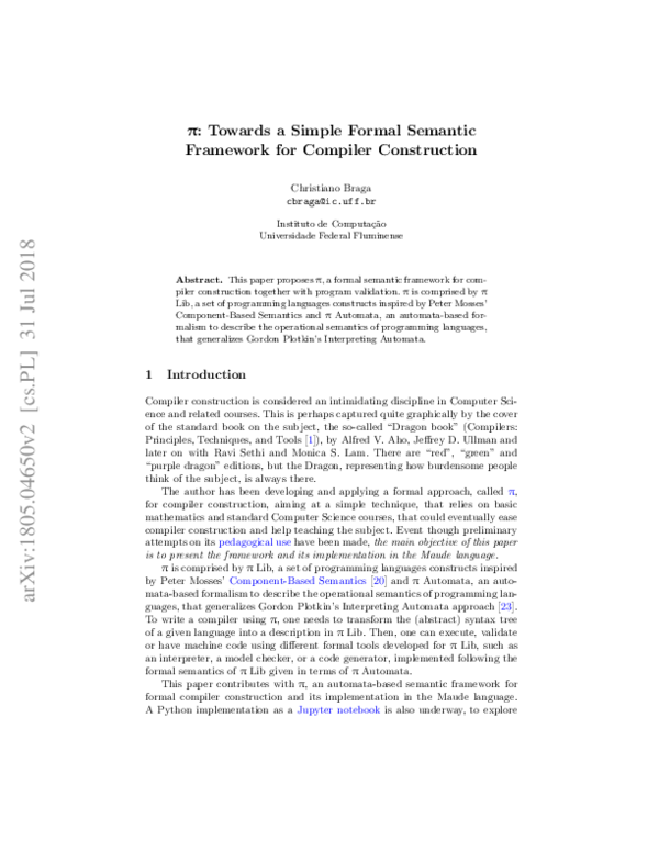 Pdf π Towards A Simple Formal Semantic Framework For Compiler