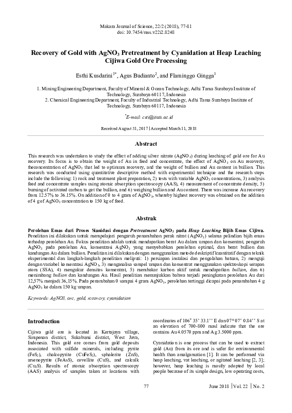 (PDF) Recovery of Gold with AgNO3 Pretreatment by Cyanidation at Heap ...