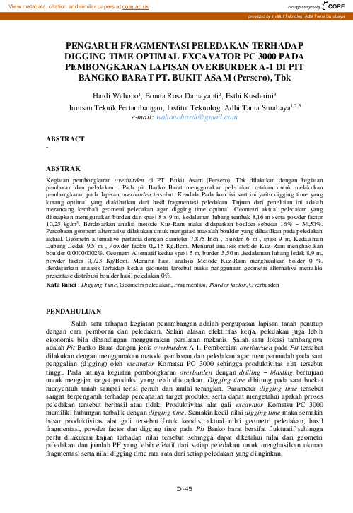 (PDF) Pengaruh Fragmentasi Peledakan Terhadap Digging Time Optimal ...