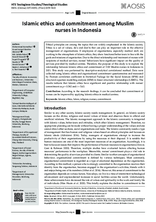 (PDF) Islamic ethics and commitment among Muslim nurses in Indonesia