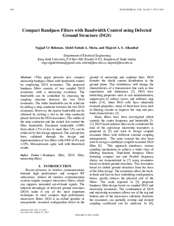 Pdf Compact Bandpass Filters With Bandwidth Control Using Defected Ground Structure Dgs
