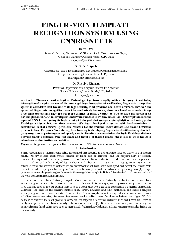 (PDF) Finger -Vein Template Recognition System Using Cnnresnet 18