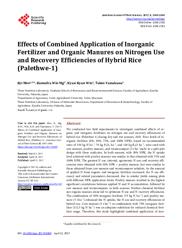 (PDF) Effects of Combined Application of Inorganic Fertilizer and Organic Manures on Nitrogen ...