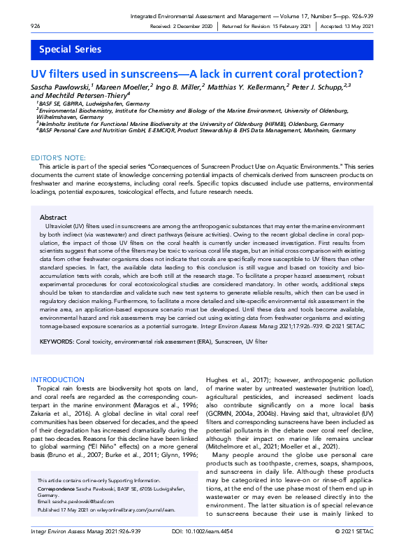 (PDF) UV filters used in sunscreens—A lack in current coral protection?