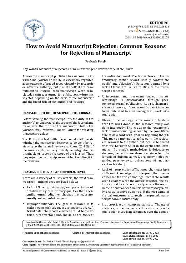 (PDF) How to Avoid Manuscript Rejection: Common Reasons for Rejection ...