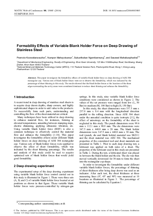 (PDF) Formability Effects of Variable Blank Holder Force on Deep Drawing of Stainless Steel