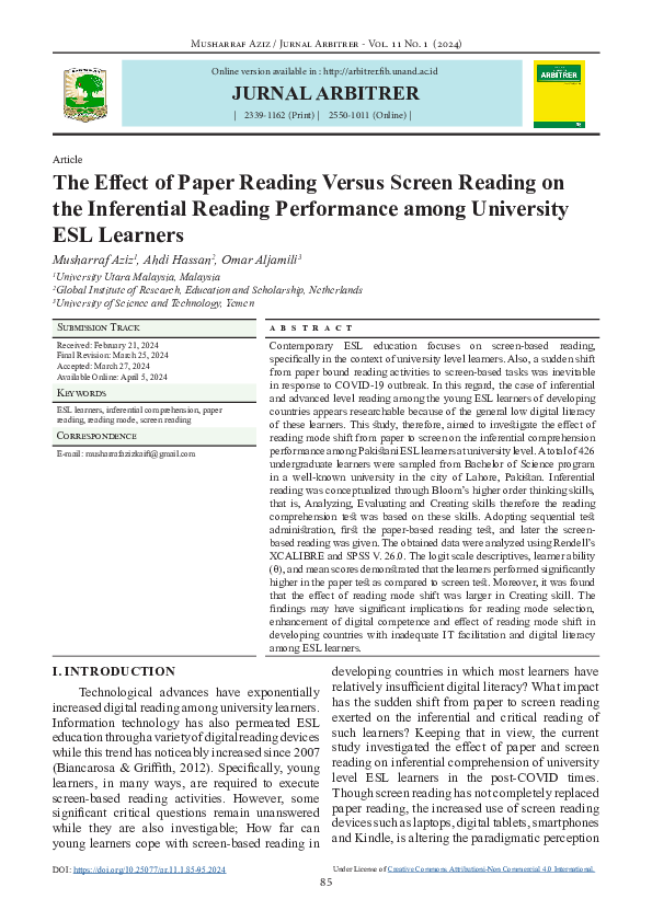 (PDF) The Effect of Paper Reading Versus Screen Reading on the ...
