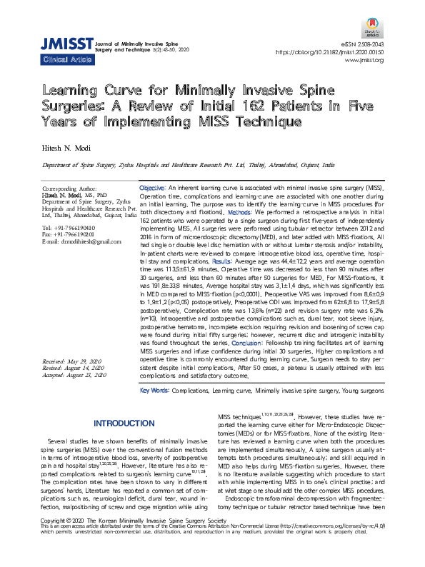 (PDF) Learning Curve for Minimally Invasive Spine Surgeries: A Review of Initial 162 Patients in ...