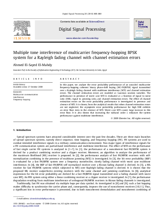 (PDF) Multiple tone interference of multicarrier frequency-hopping BPSK system for a Rayleigh ...