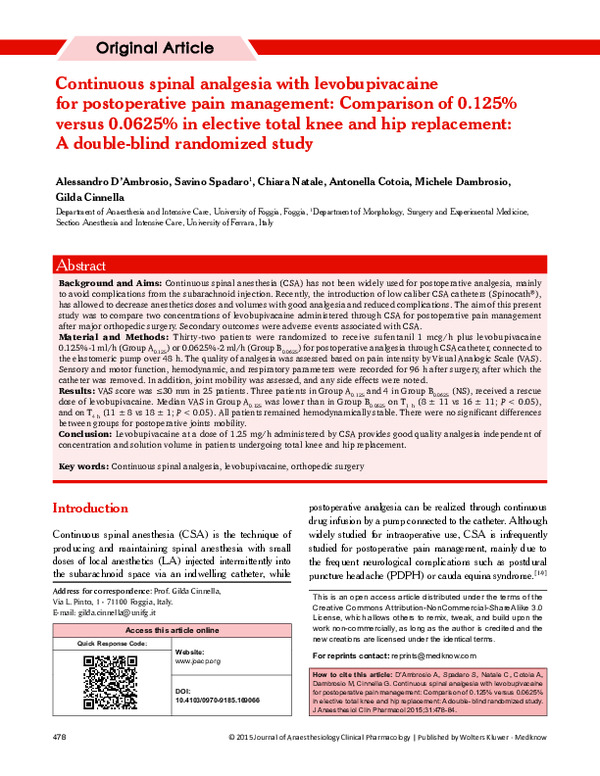 (PDF) Continuous spinal analgesia with levobupivacaine for postoperative pain management ...