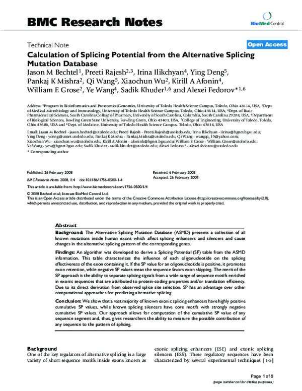 (PDF) Calculation of Splicing Potential from the Alternative Splicing Mutation Database | DR ...