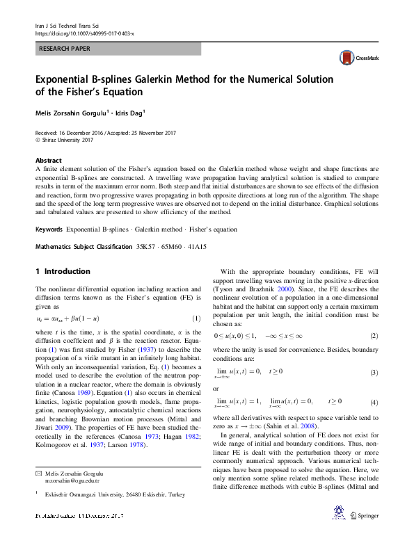 (PDF) Exponential B-splines Galerkin Method for the Numerical Solution of the Fisher’s Equation