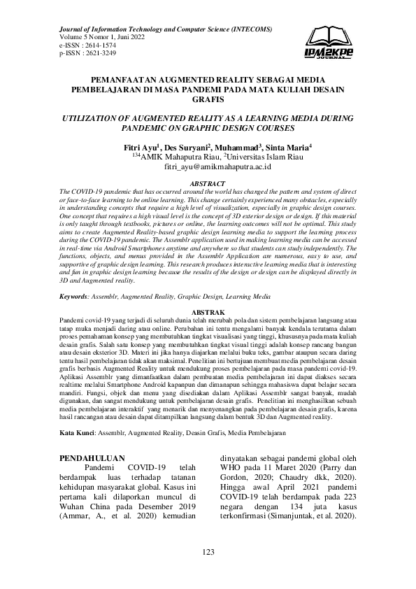 (PDF) Pemanfaatan Augmented Reality Sebagai Media Pembelajaran Di Masa Pandemi Pada Mata Kuliah ...