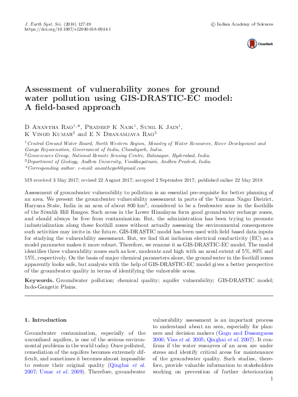(PDF) Assessment of vulnerability zones for ground water pollution using GIS-DRASTIC-EC model: A ...