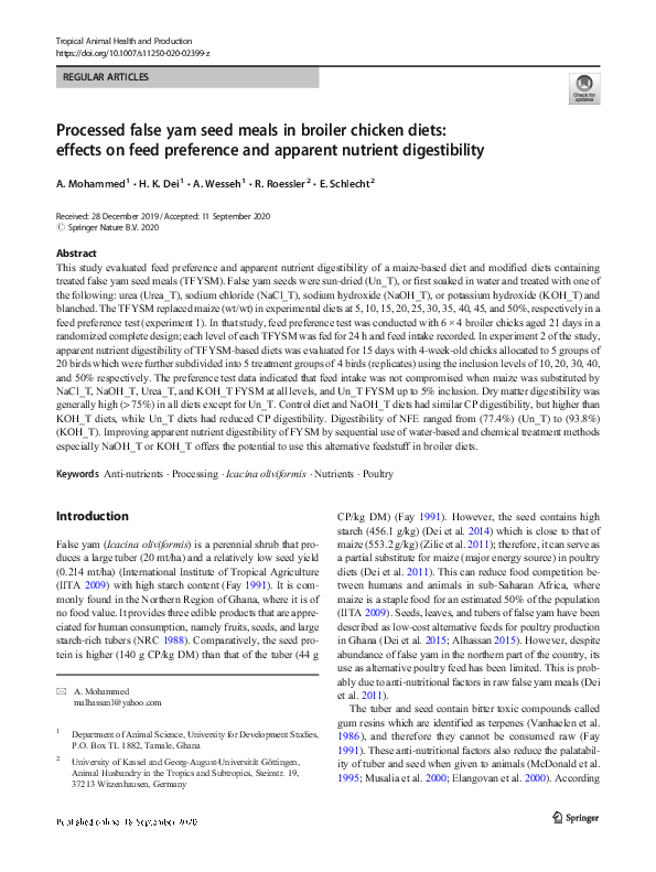 (PDF) Processed false yam seed meals in broiler chicken diets: effects ...