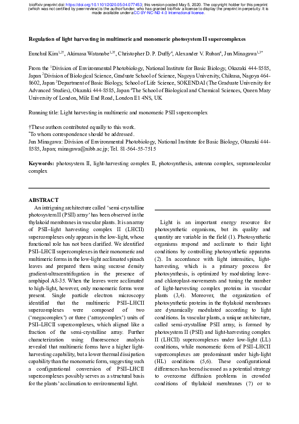 (PDF) Regulation of light harvesting in multimeric and monomeric ...