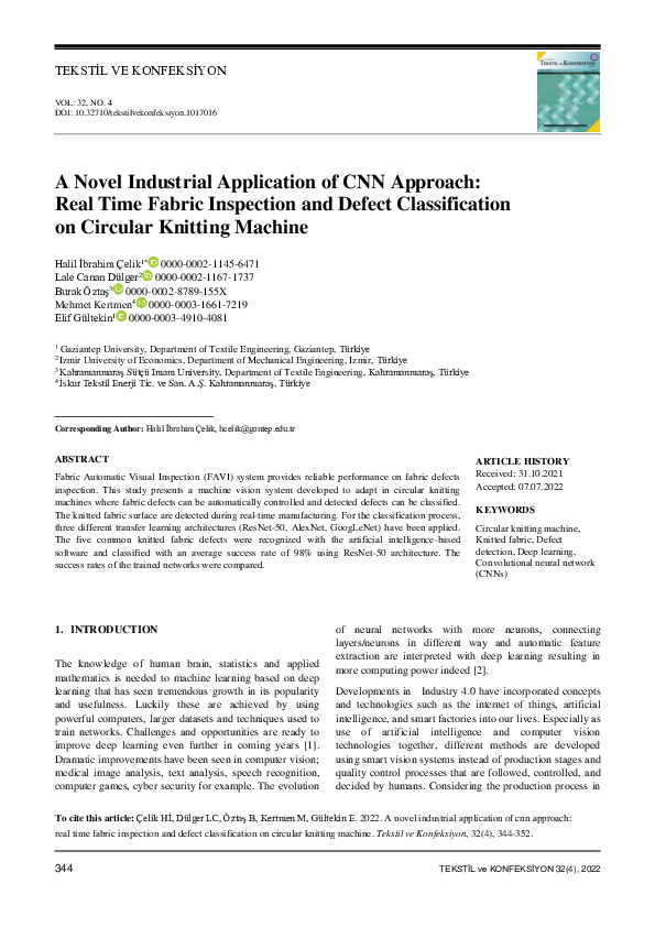 (PDF) A Novel Industrial Application of CNN Approach: Real Time Fabric Inspection and Defect ...