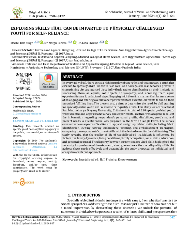(PDF) EXPLORING SKILLS THAT CAN BE IMPARTED TO PHYSICALLY CHALLENGED YOUTH FOR SELF-RELIANCE