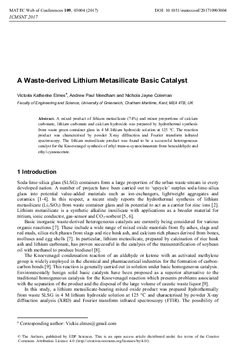 (PDF) A Waste-derived Lithium Metasilicate Basic Catalyst