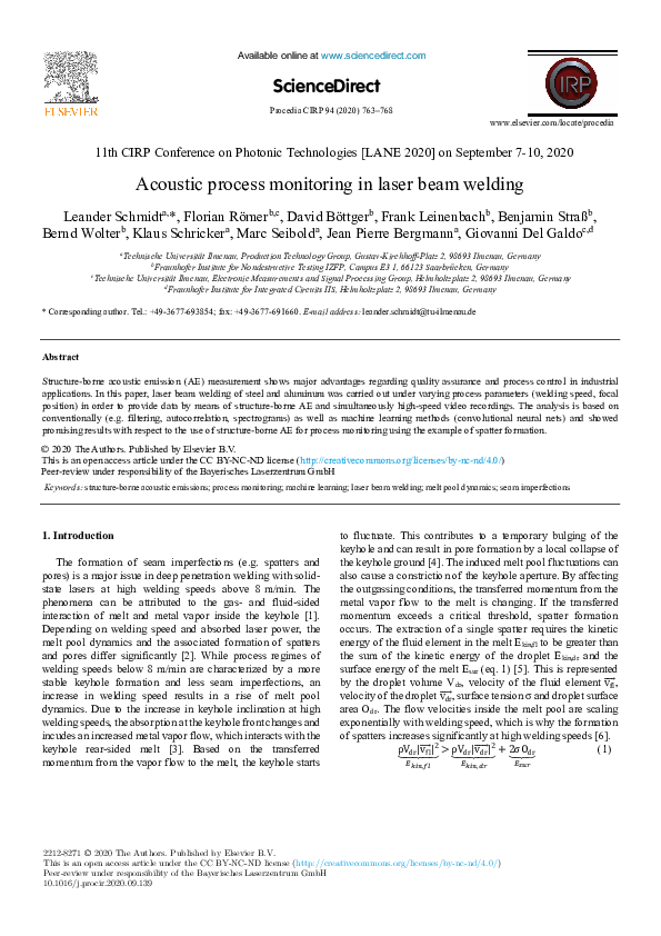 (PDF) Acoustic process monitoring in laser beam welding