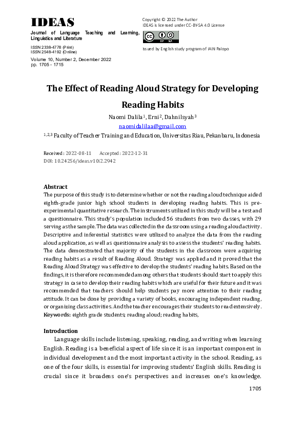 (PDF) The Effect of Reading Aloud Strategy for Developing Reading Habits