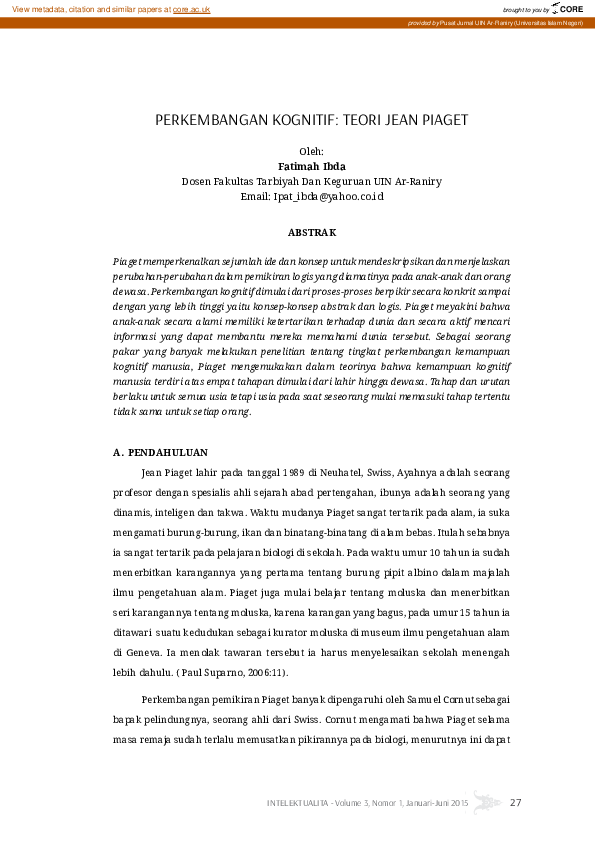 (PDF) Perkembangan Kognitif: Teori Jean Piaget (PDF) Perkembangan Kognitif: Teori Jean Piaget
