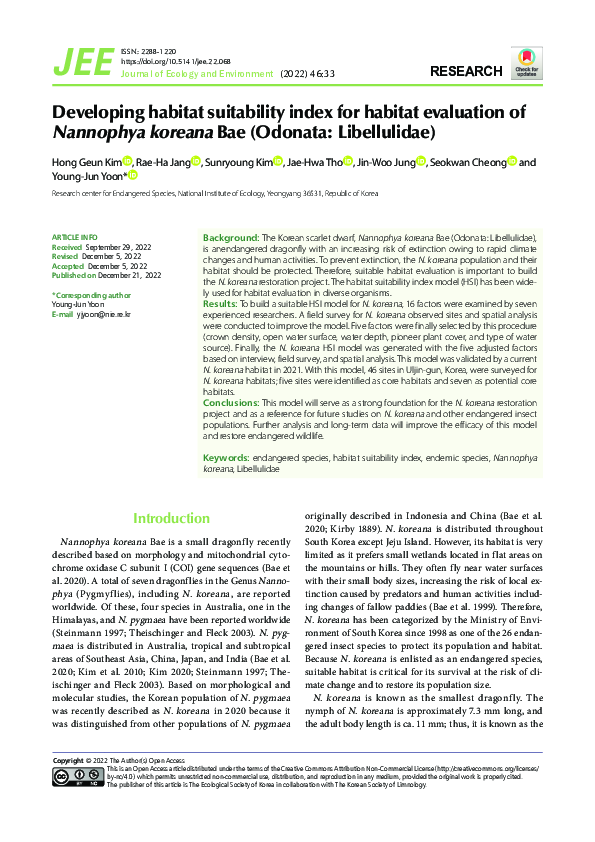 (PDF) Developing habitat suitability index for habitat evaluation of Nannophya koreana Bae ...