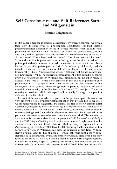 (PDF) Self-Consciousness and Self-Reference: Sartre and Wittgenstein