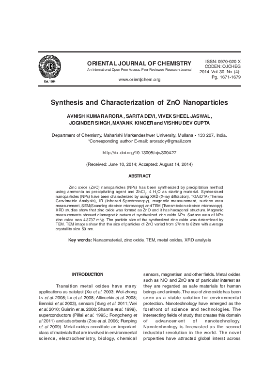 (PDF) Synthesis and characterization of ZnO nanoparticles