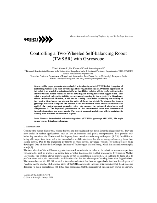 (PDF) Controlling a Two-Wheeled Self-balancing Robot (TWSBR) with Gyroscope