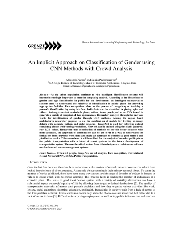 (PDF) An Implicit Approach on Classification of Gender using CNN Methods with Crowd Analysis