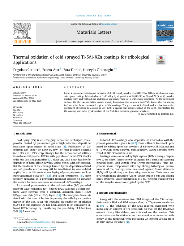 (PDF) Thermal oxidation of cold sprayed Ti-5Al-XZn coatings for tribological applications