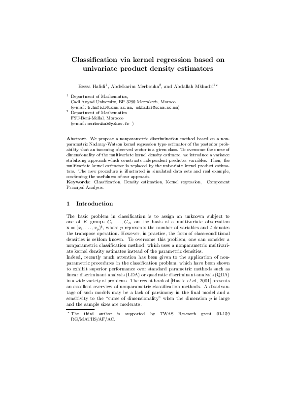 Pdf Classification Via Kernel Regression Based On Univariate Product Density Estimators