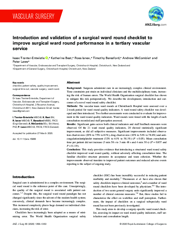 (PDF) Introduction and validation of a surgical ward round checklist to ...