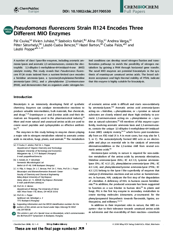 (PDF) Pseudomonas fluorescens strain R124 encodes three different MIO-enzymes