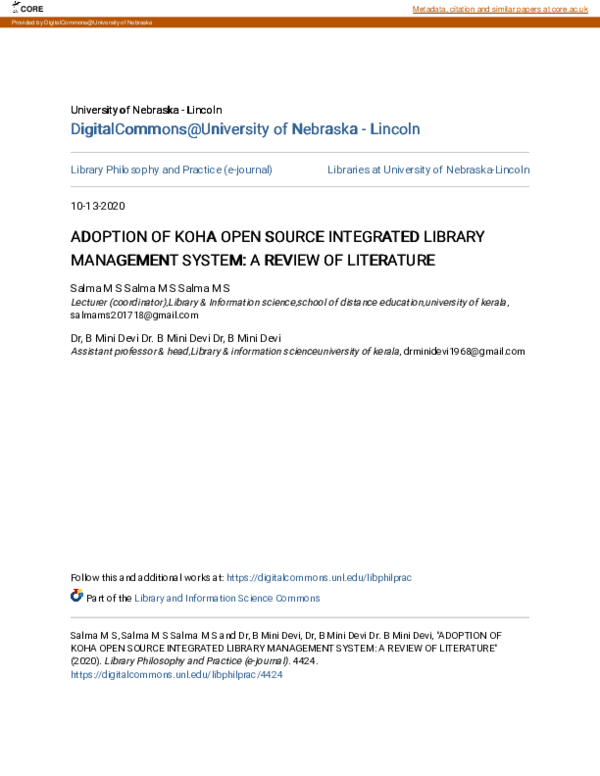 (PDF) Adoption of Koha Open Source Integrated Library Management System: A Review of Literature