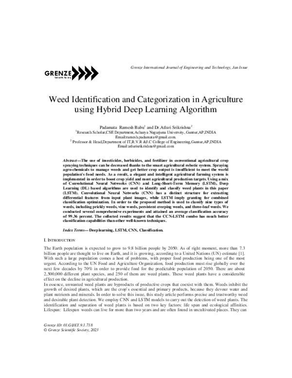 Pdf Weed Identification And Categorization In Agriculture Using Hybrid Deep Learning Algorithm