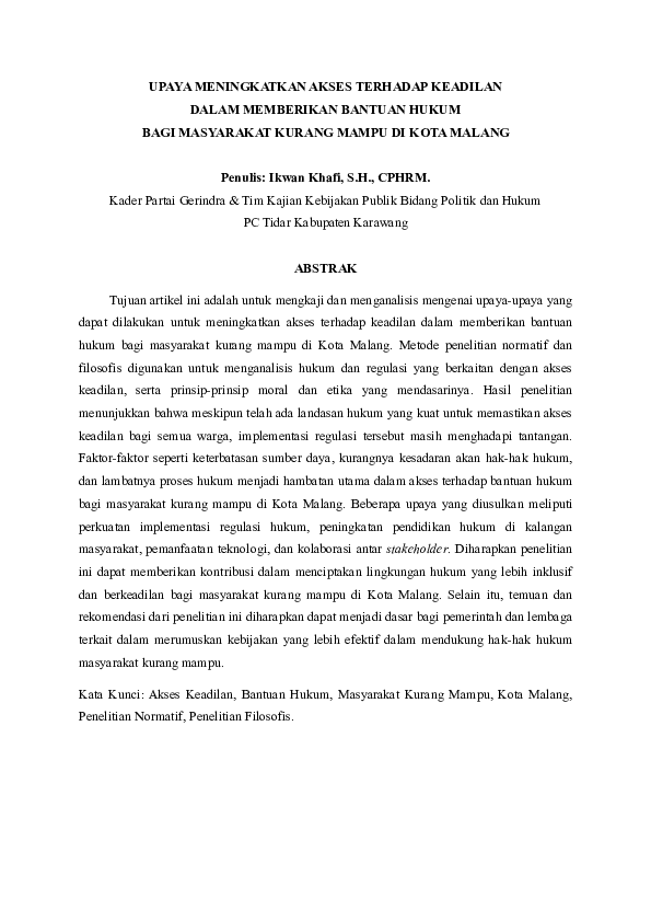 (PDF) UPAYA MENINGKATKAN AKSES TERHADAP KEADILAN DALAM MEMBERIKAN BANTUAN HUKUM BAGI MASYARAKAT ...