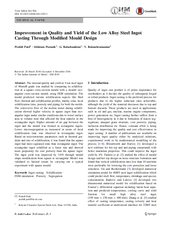 (PDF) Improvement in Quality and Yield of the Low Alloy Steel Ingot ...