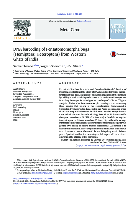 (PDF) DNA barcoding of Pentatomomorpha bugs (Hemiptera: Heteroptera) from Western Ghats of India