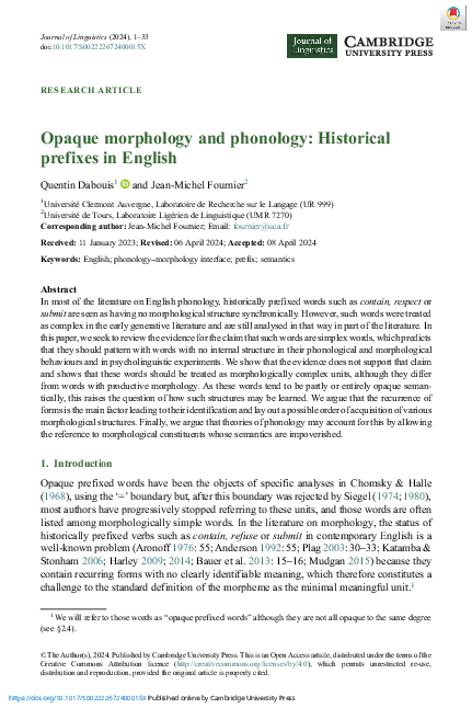 (PDF) Opaque morphology and phonology: Historical prefixes in English