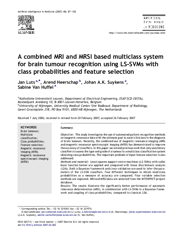 (PDF) A combined MRI and MRSI based multiclass system for brain tumour recognition using LS-SVMs ...
